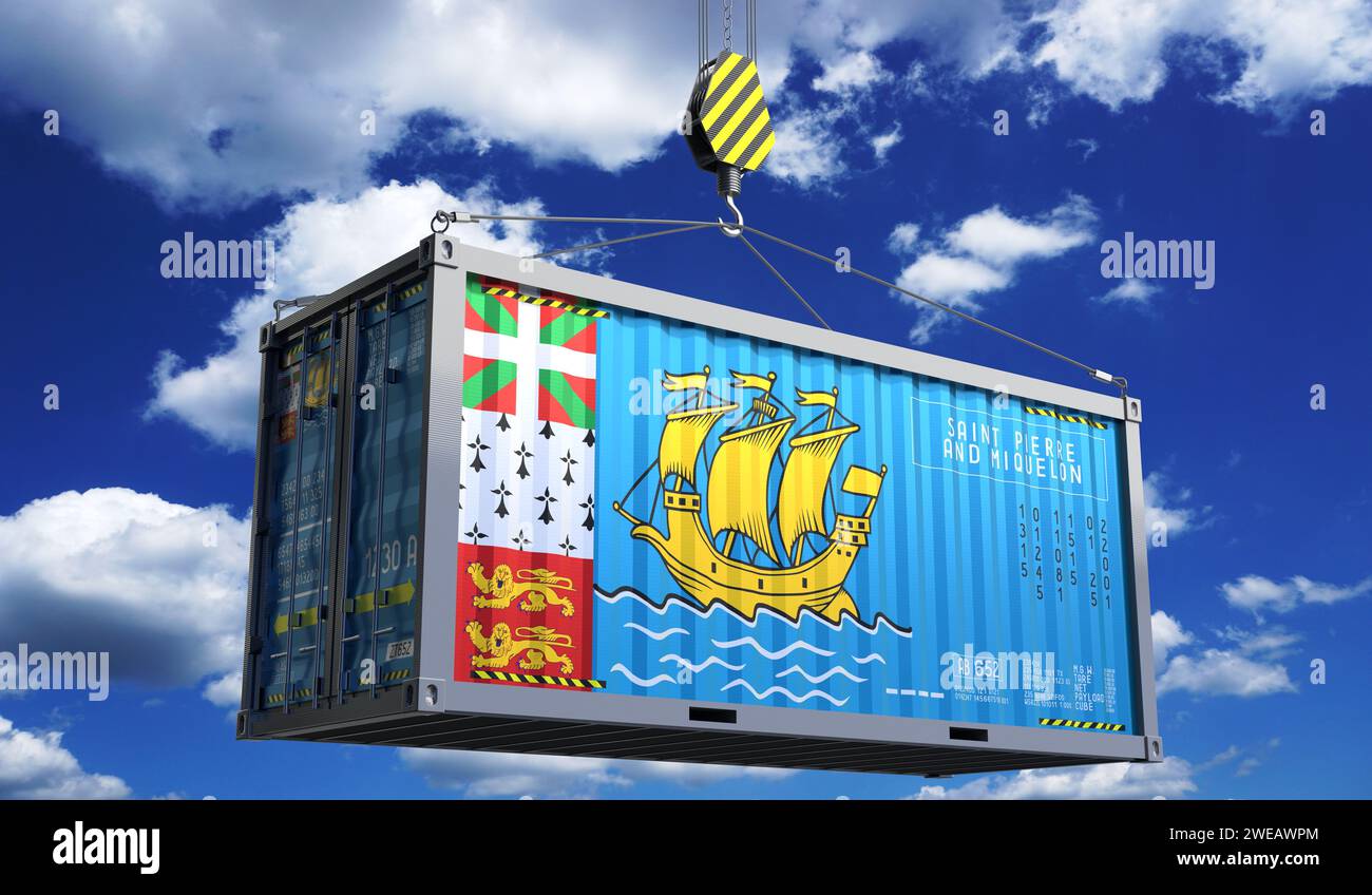 Freight shipping container with national flag of Saint Pierre and ...