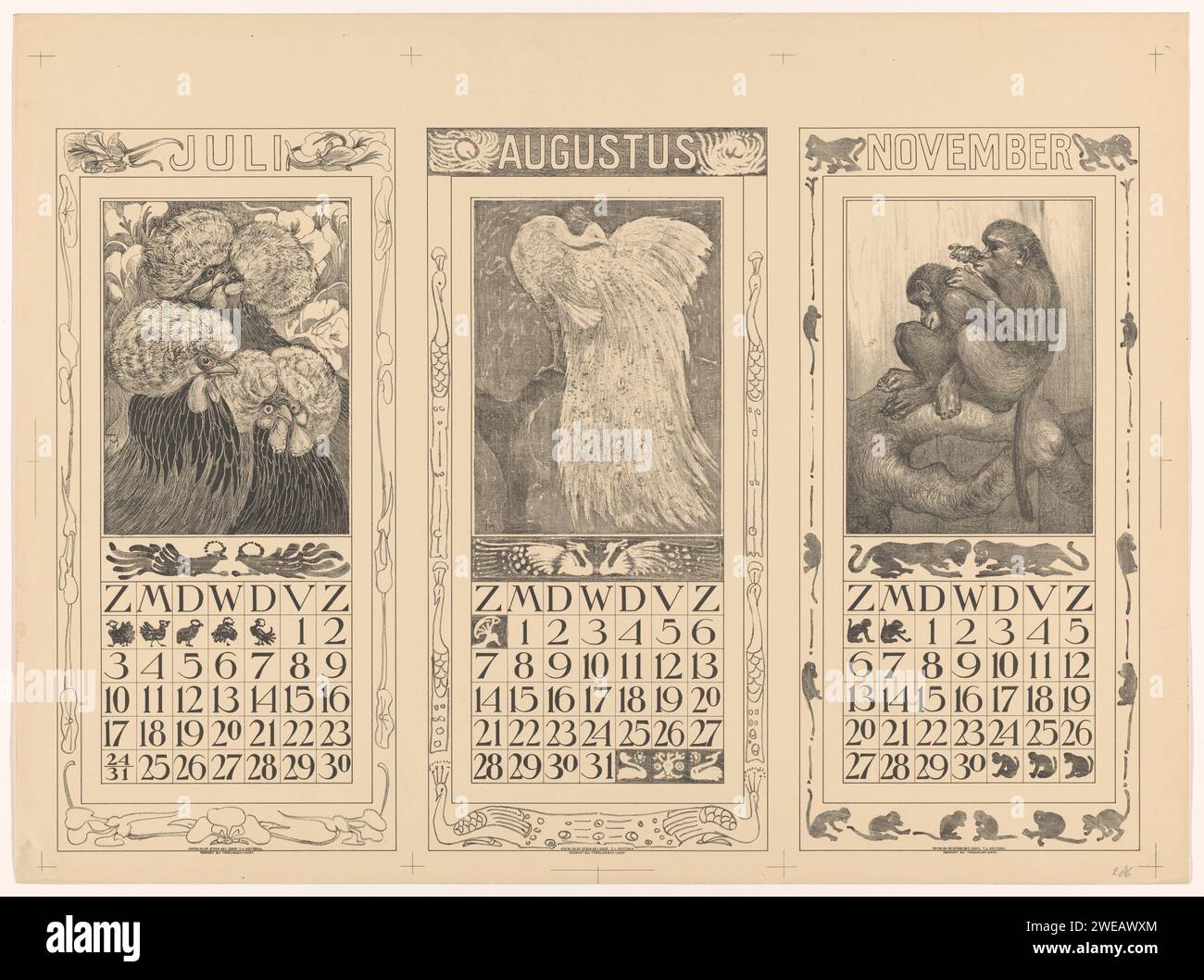 Calendars for July, August and November 1910, Theo van Hoytema, 1910 ...