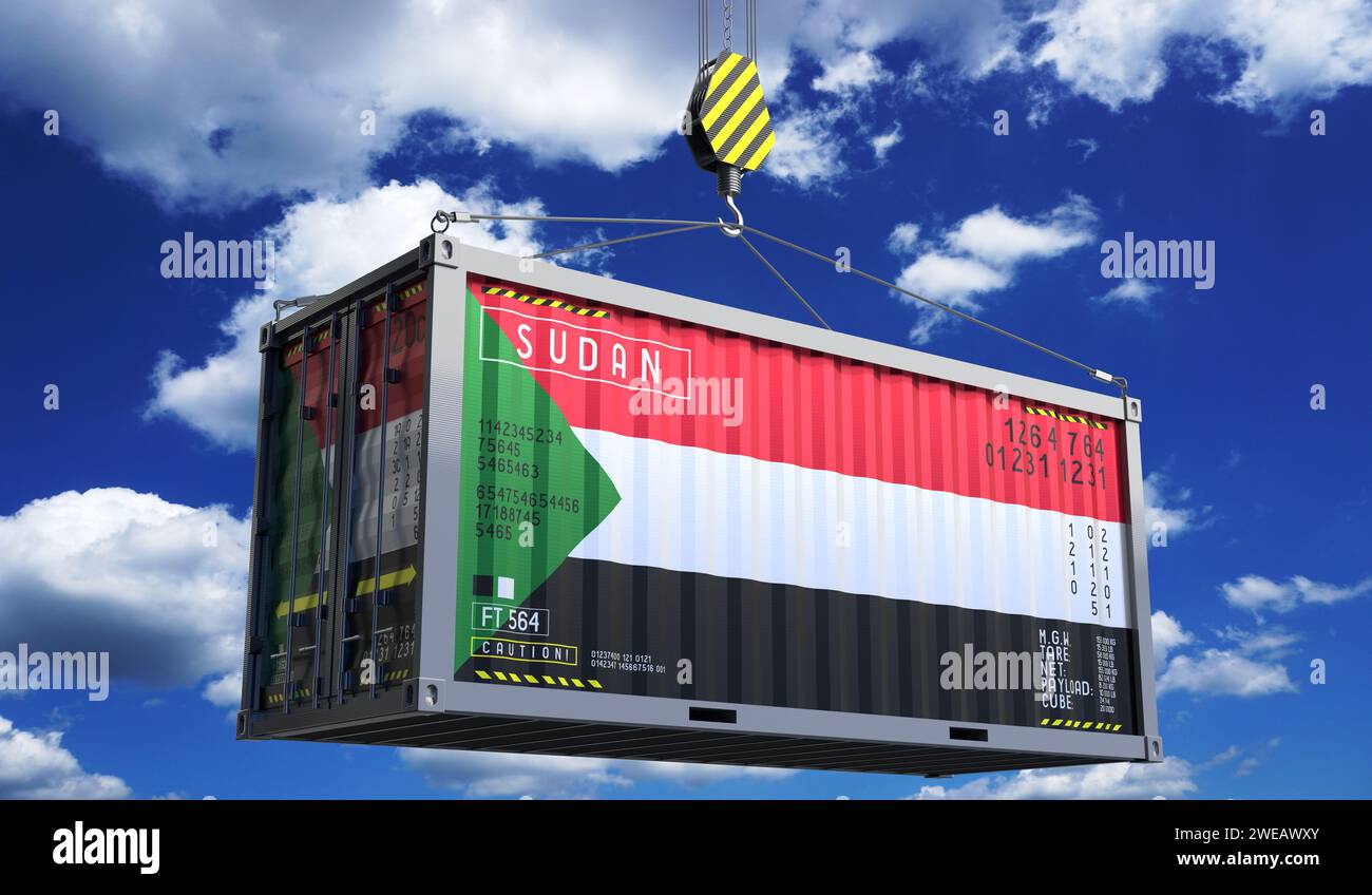 Freight shipping container with national flag of Sudan hanging on crane hook - 3D illustration ...