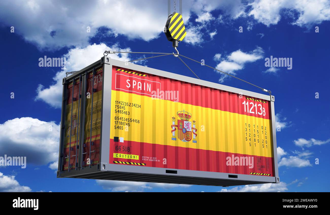 Freight shipping container with national flag of Spain hanging on crane ...