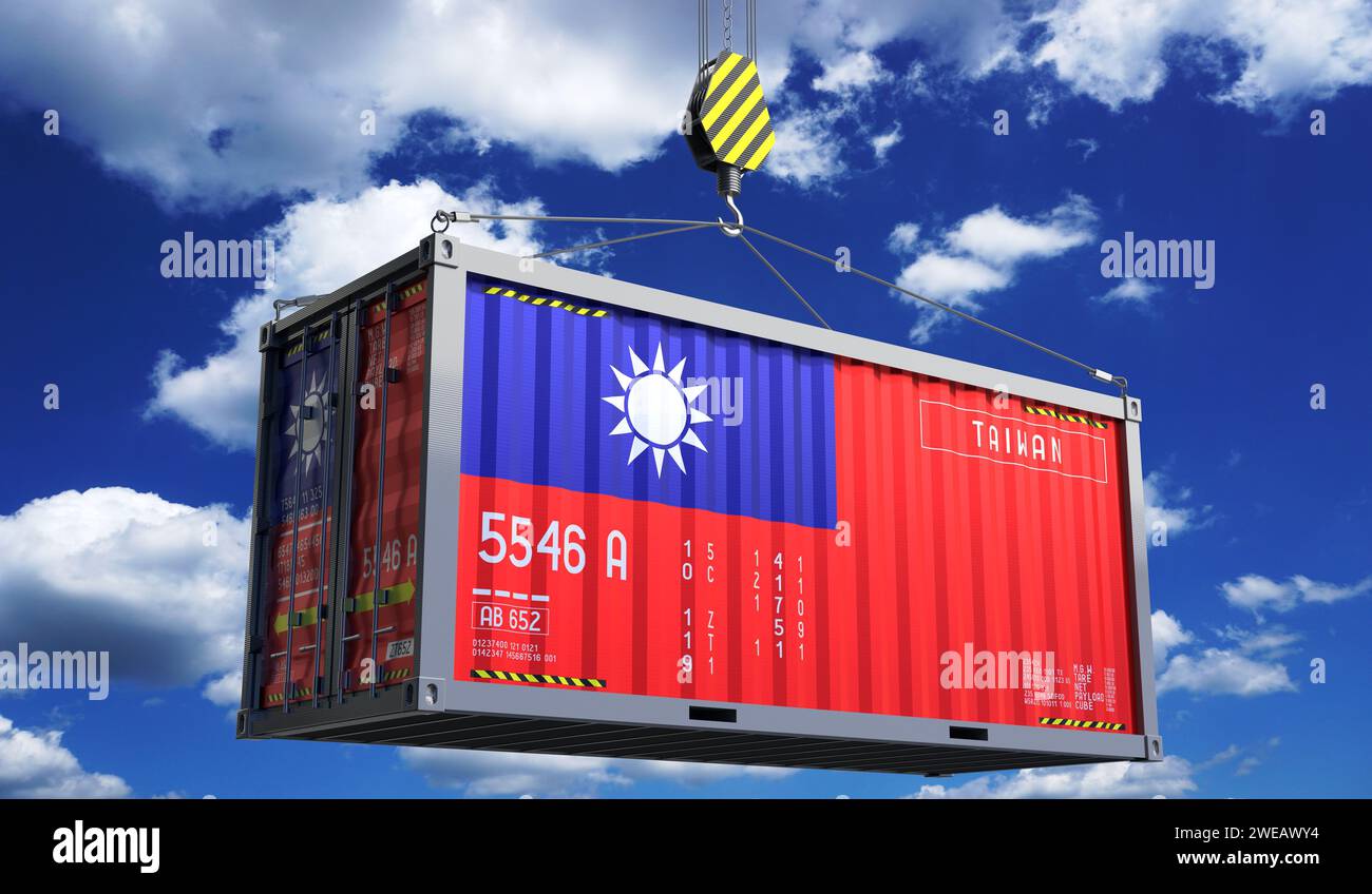 Freight shipping container with national flag of Taiwan hanging on ...