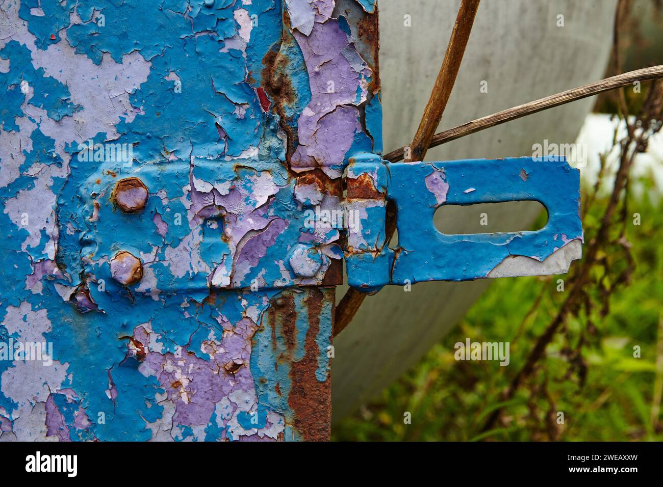 Rusty Metal Latch on Blue Peeling Paint, Eye-Level View Stock Photo - Alamy
