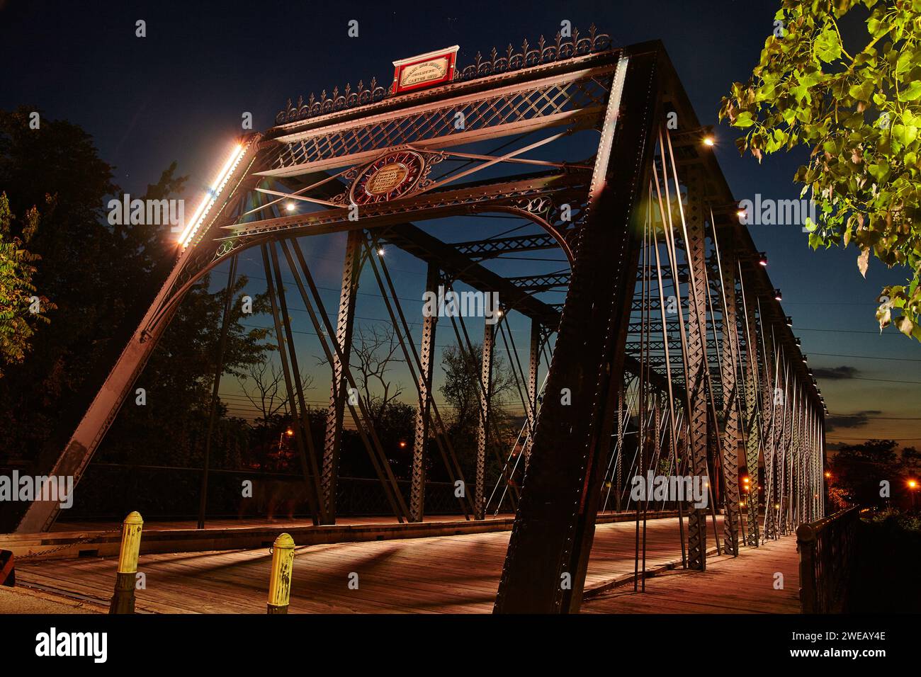 Twilight Glow on Historic Metal Bridge with Wooden Walkway, Fort Wayne ...