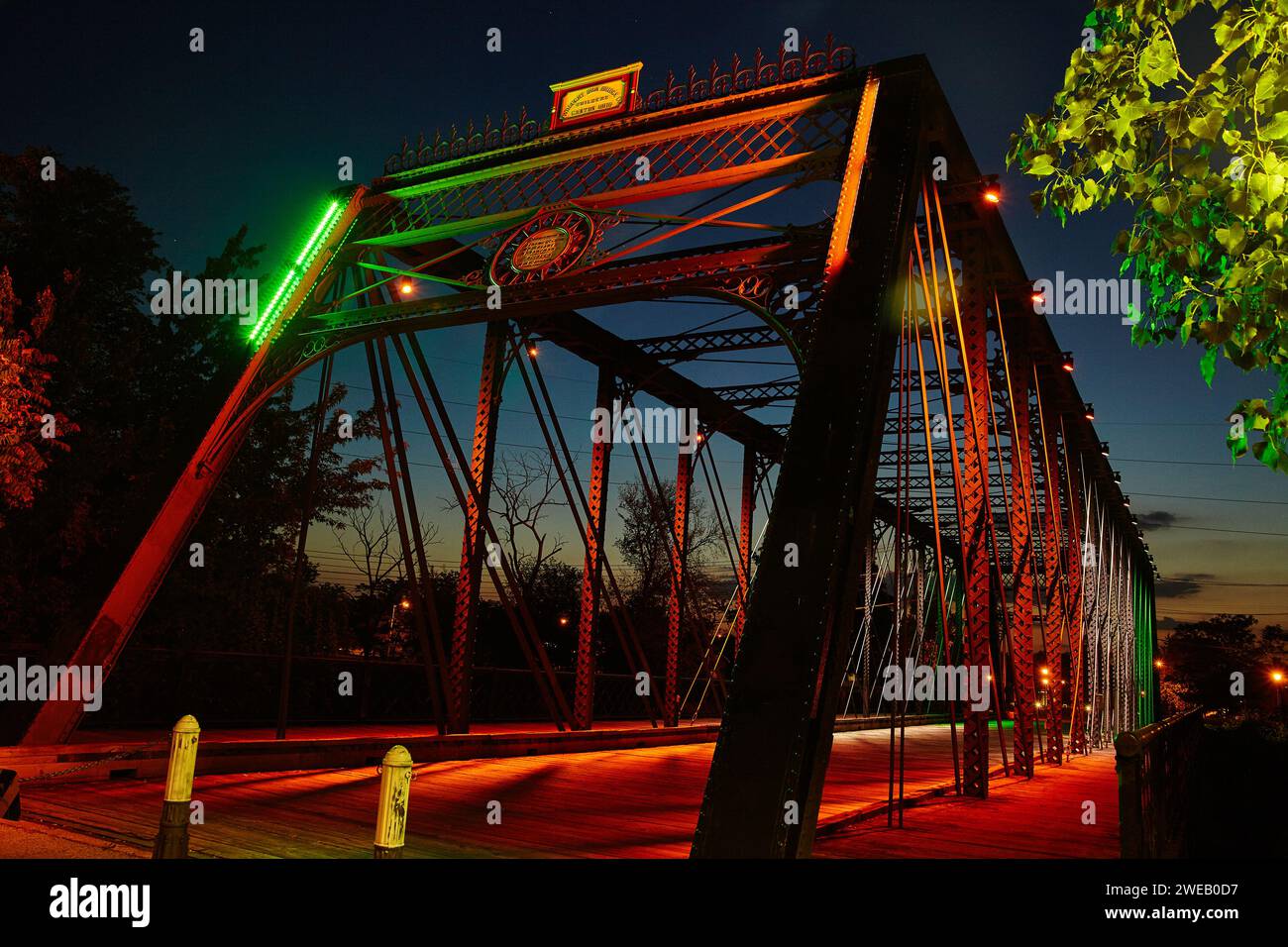 Twilight Illuminated Truss Bridge with Green and Red Lights, Fort Wayne ...
