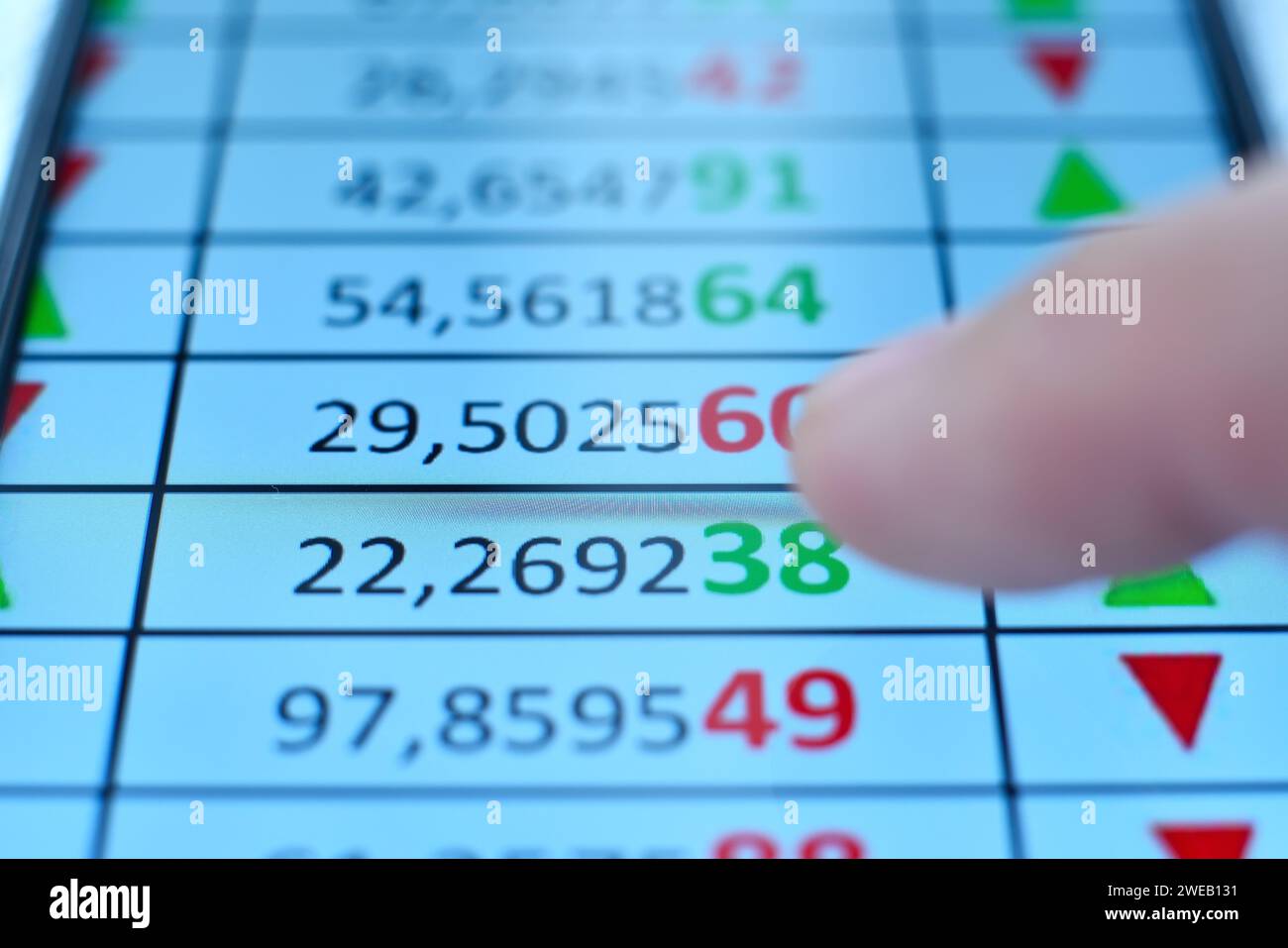 Trader finger using financial numbers on smart phone screen. Marketing ...