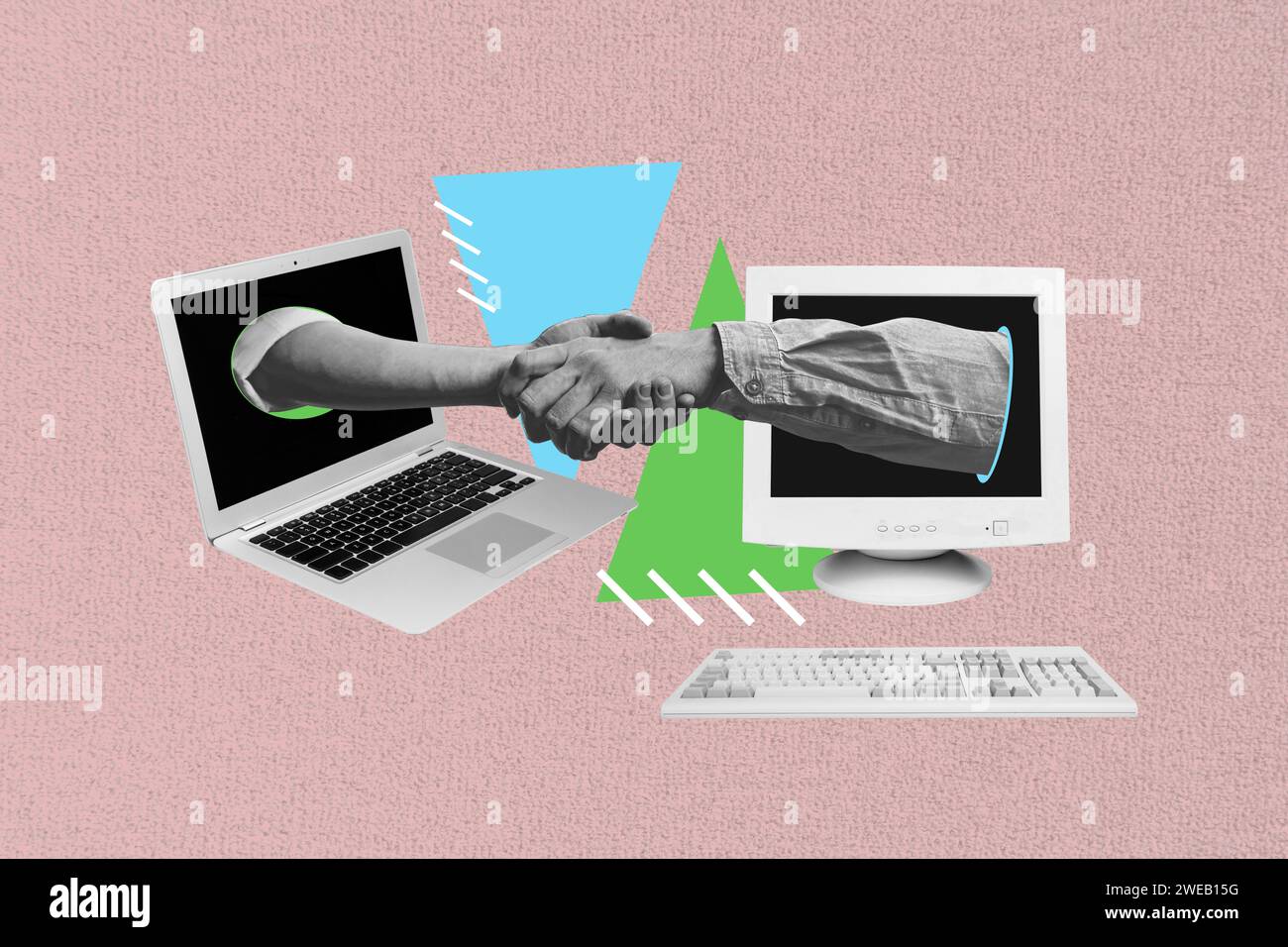 Photo collage picture remote business agreement handshaking offer ...