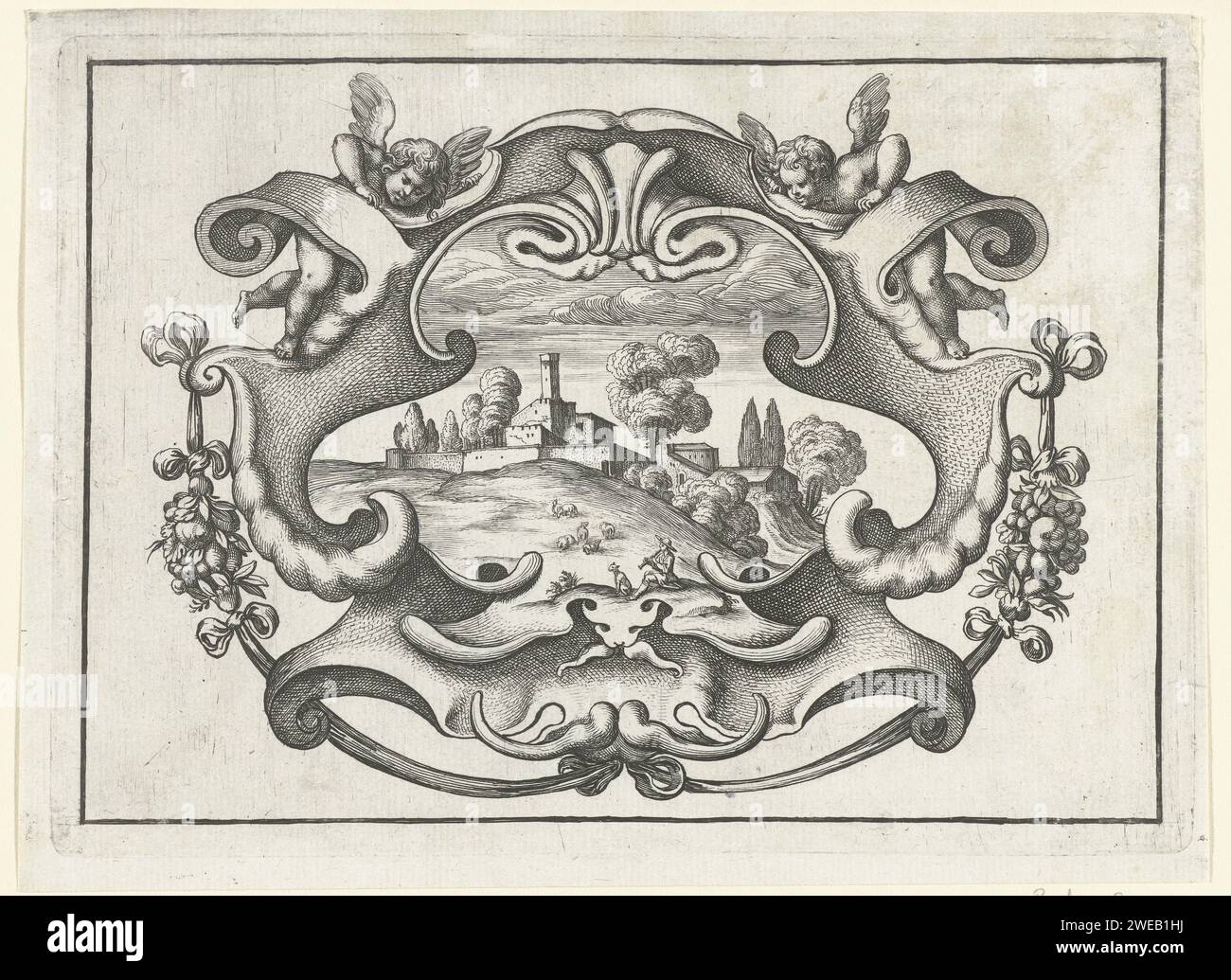 Cartouche with two putti, Daniel Rabel, 1634 print A hilly landscape ...