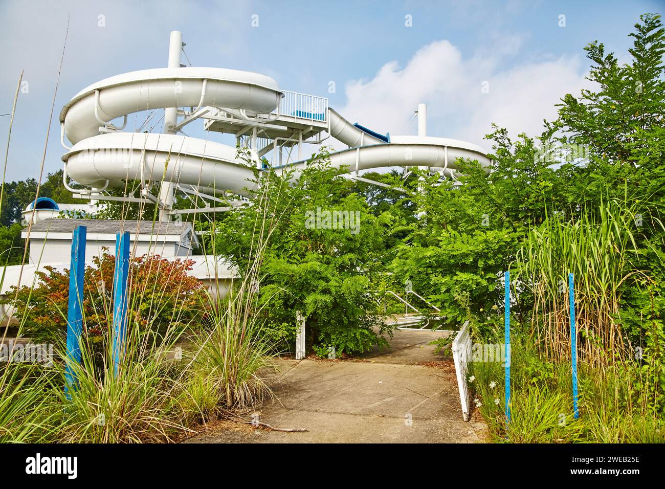 Twisting White Water Slide in Lush Green Park, Ground Perspective Stock ...