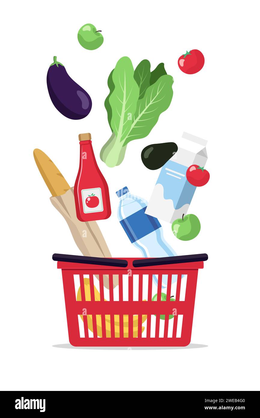 Products falling into a shopping basket, supermarket ilustration Stock ...
