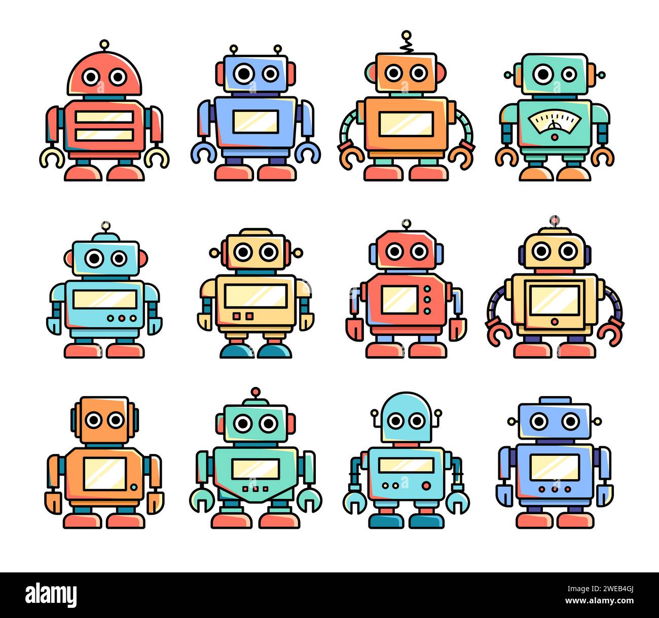 Cute vintage robots in a children, cartoon style, set of vector illustrations Stock Vector Image ...