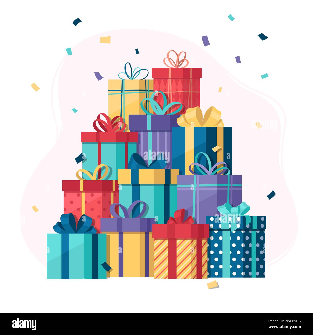 Pile of gifts with confetti, vector illustration Stock Vector Image ...