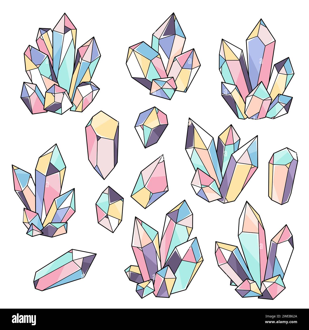 Crystals, gems, minerals, set of vector line icons and drawings Stock ...