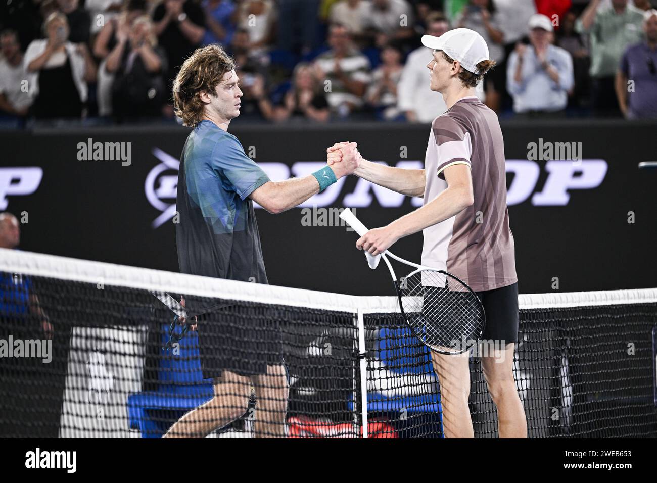 Andrey Rublev and Jannik Sinner during the Australian Open 2024 Grand Slam tennis tournament on ...