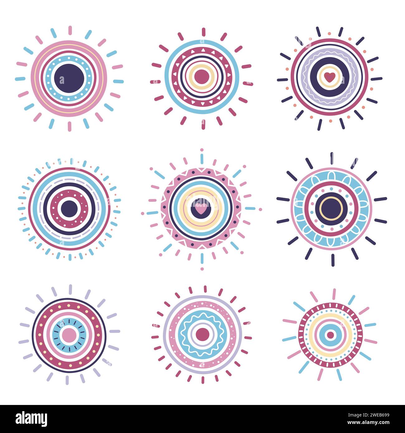 Boho, bohemian sun icons, cute doodle illustrations Stock Vector Image ...