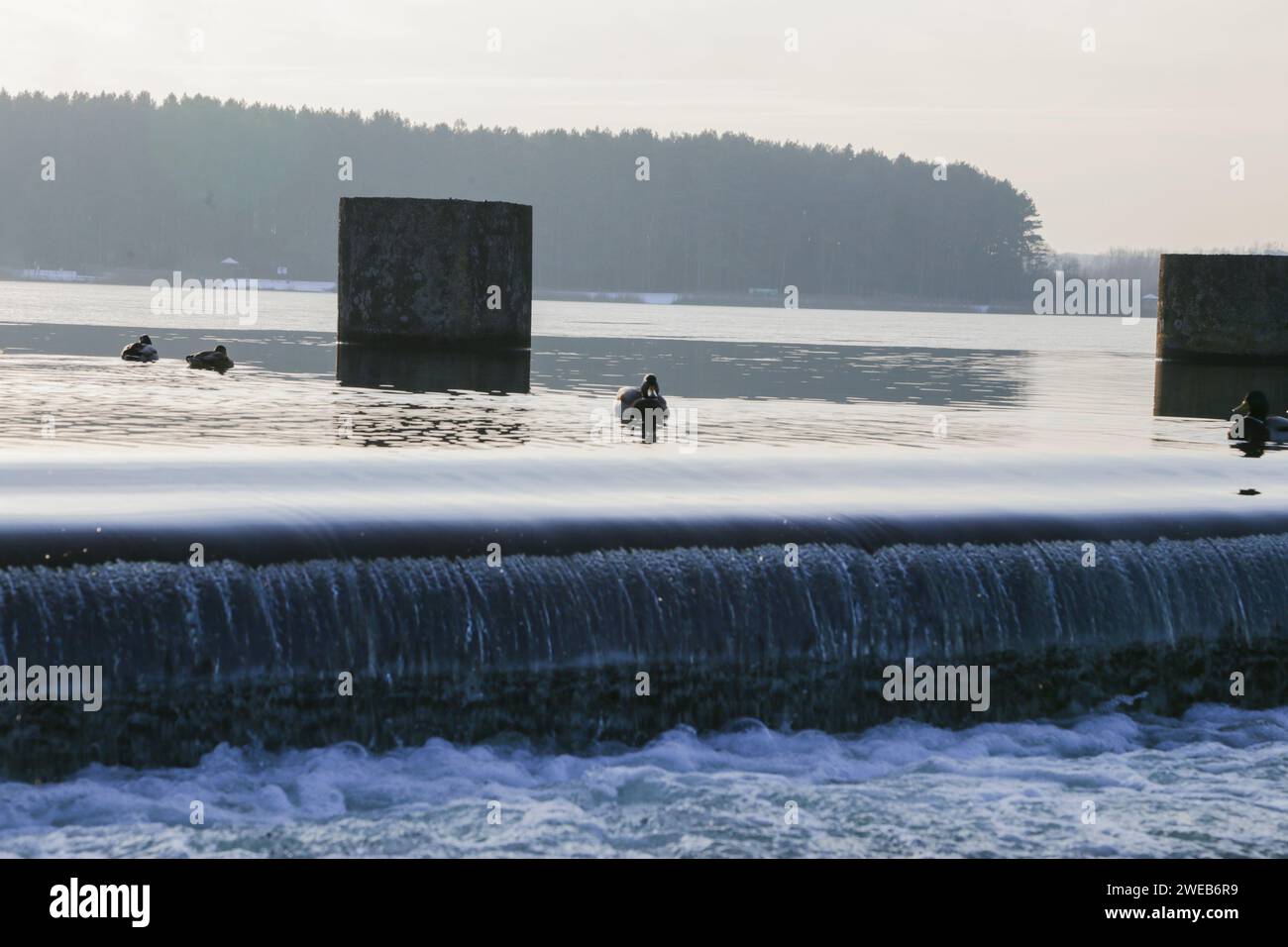 Lake with dam and water stream Stock Photo - Alamy