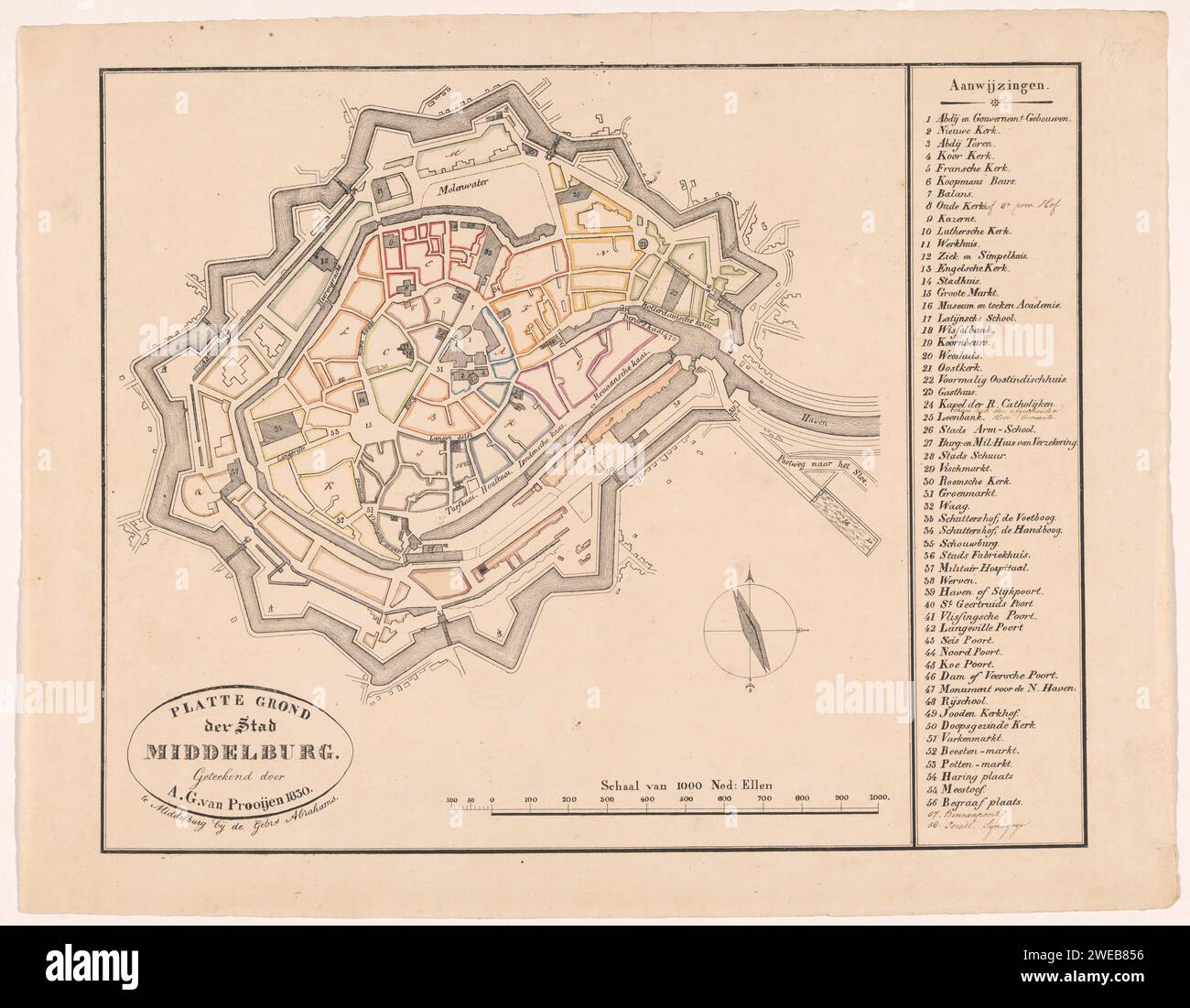 Colored map of Middelburg, Adriaan Gerrit van Prooijen, 1830 print City ...