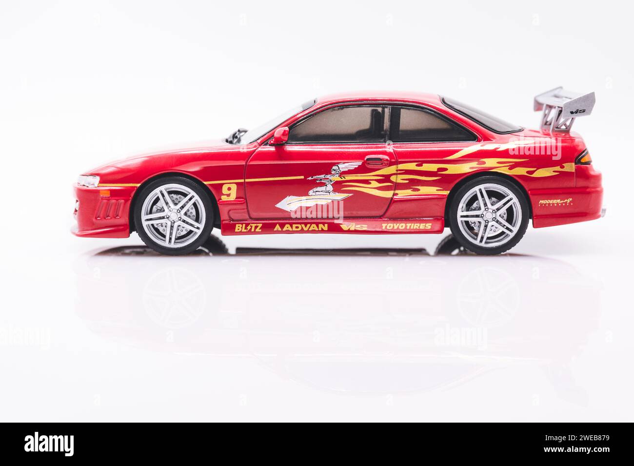 Fast&Furious Nissan 240SX 1:43 model car, side view, white background with reflection Stock ...