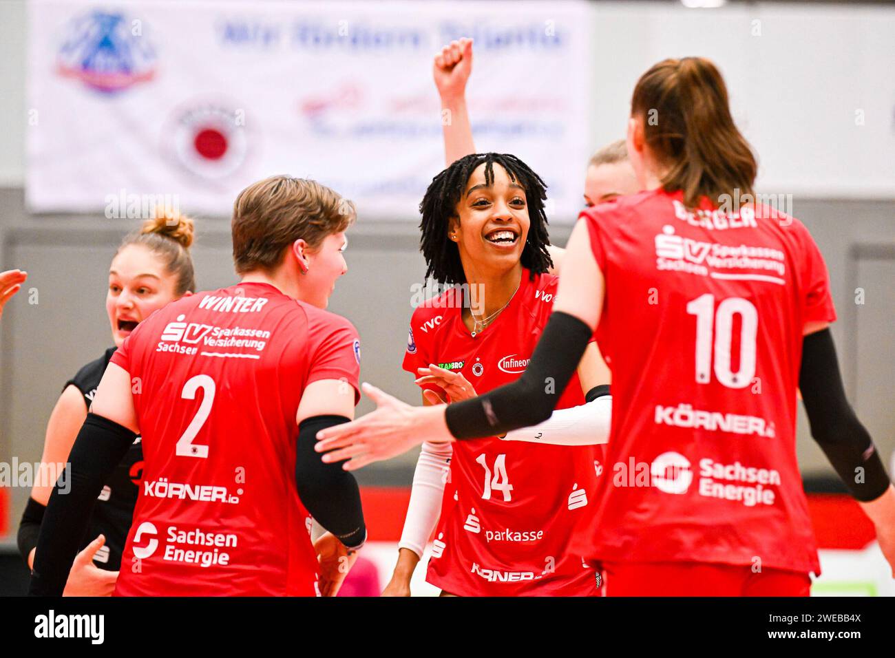 Dresden, Deutschland. 24th Jan, 2024. Tia Jimerson (Dresdner SC, #14) 1. Volleyball Bundesliga ...