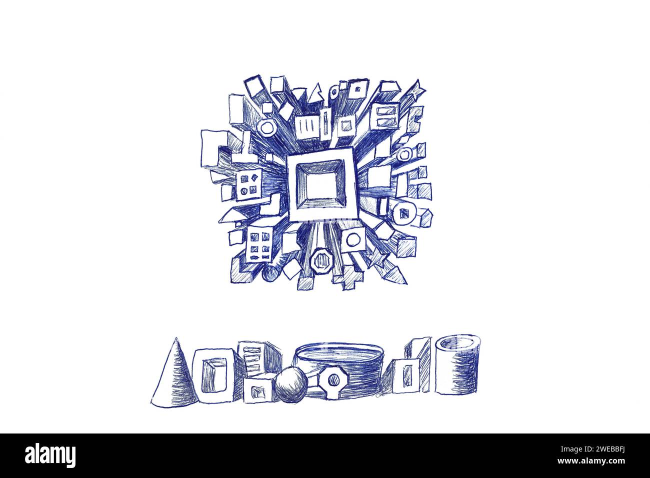 Abstract Primitive Perspective form. ballpoint pen sketch. simplified ...