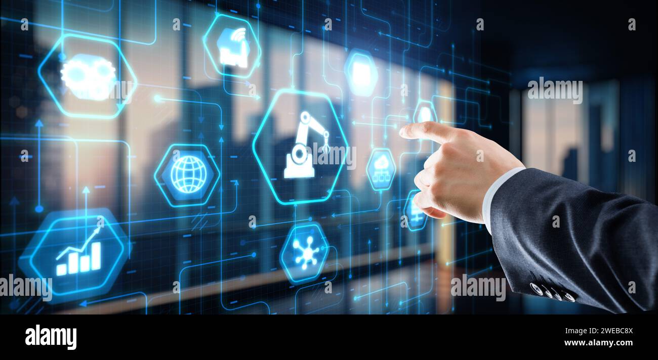 RPA Robotic Process Automation system. Artificial intelligence concept ...