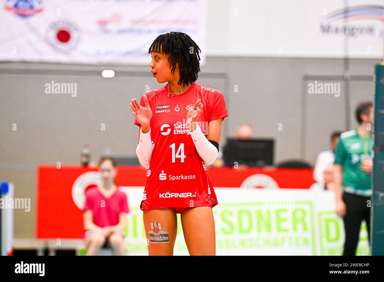 Dresden, Deutschland. 24th Jan, 2024. Tia Jimerson (Dresdner SC, #14) 1. Volleyball Bundesliga ...