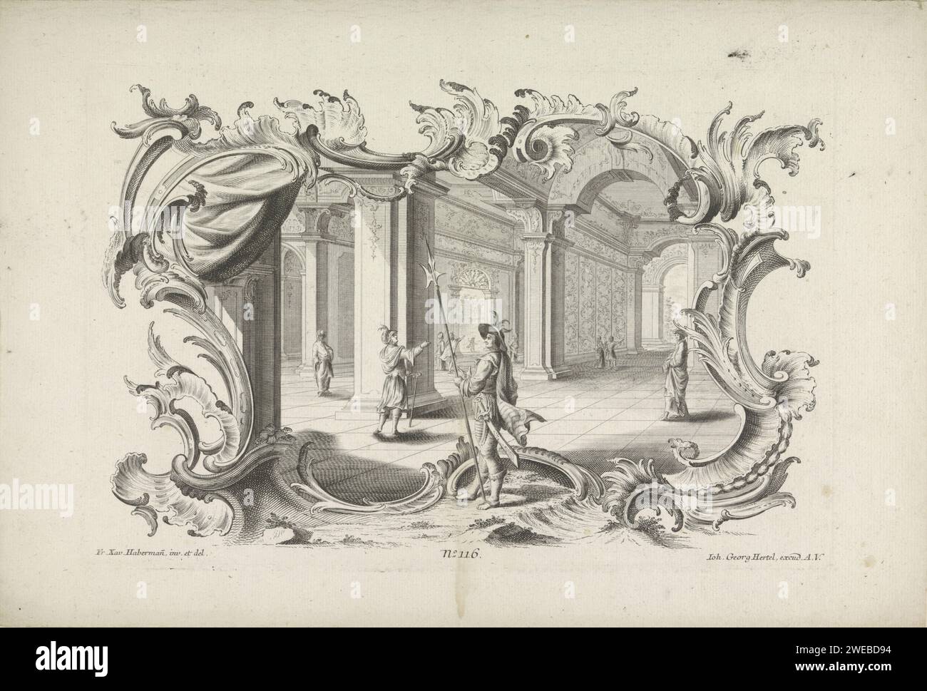 Interior in Cartouche, Anonymous, after Franz Xaver Habermann, 1750 print Figures in interior in ...