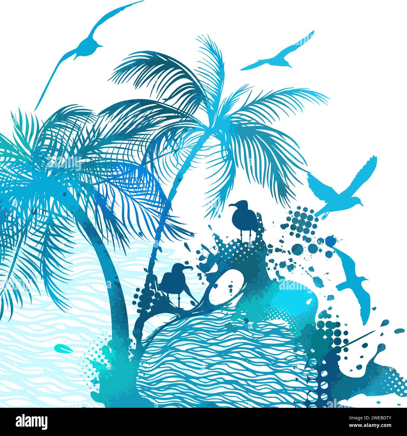 Silhouette of a blue palm tree on a white background with seagulls ...
