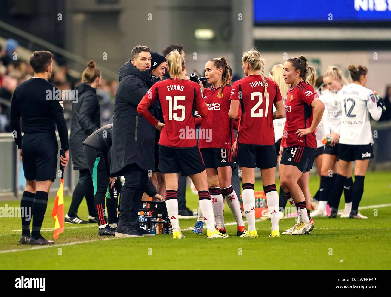 Manchester United manager Marc Skinner addresses players during the FA ...