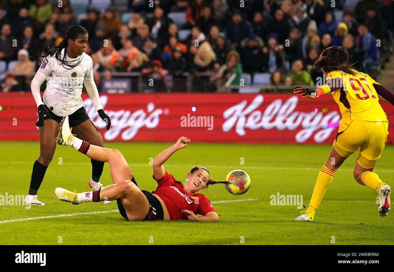 Manchester City's Khadija Shaw has a shot on goal blocked by Manchester ...