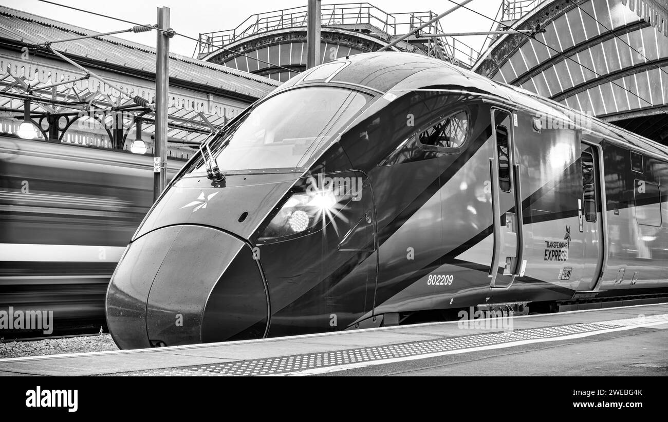 A train waits at a station platform under a historic 19th century iron ...