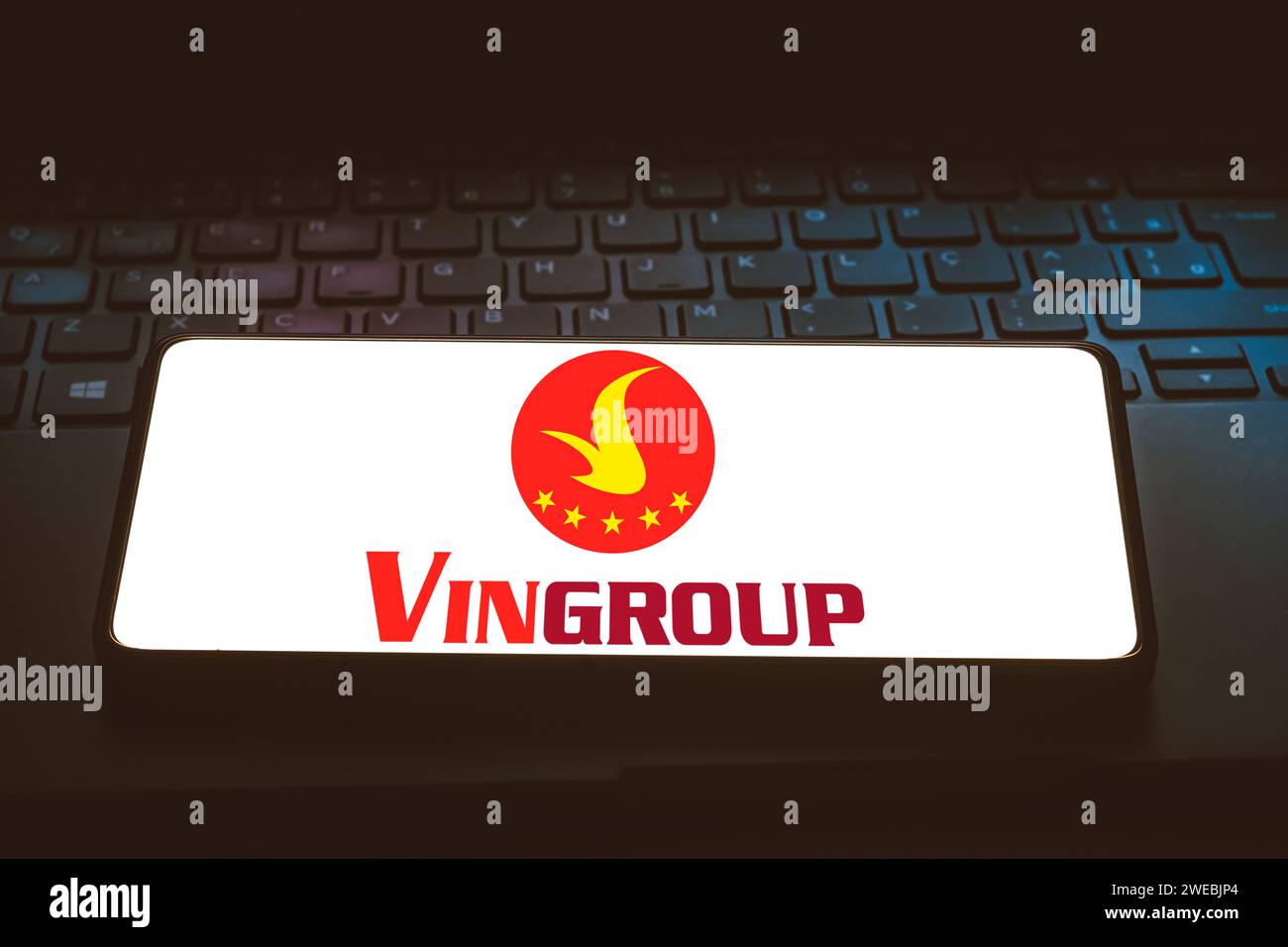 In this photo illustration, the Vingroup Joint Stock Company logo is ...