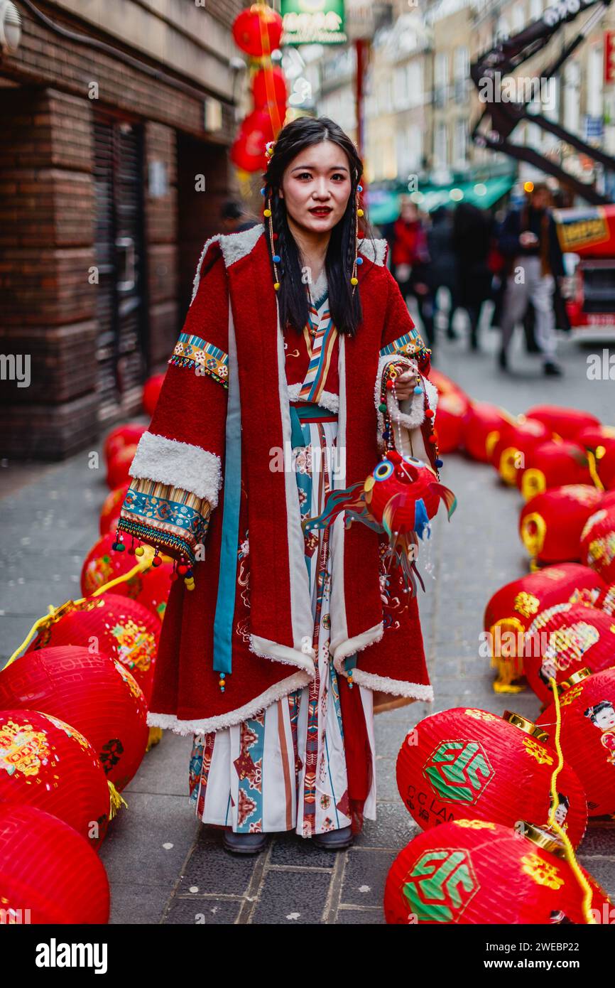 A young lady in a traditional chinese hanfu dress in London's chinatown ...