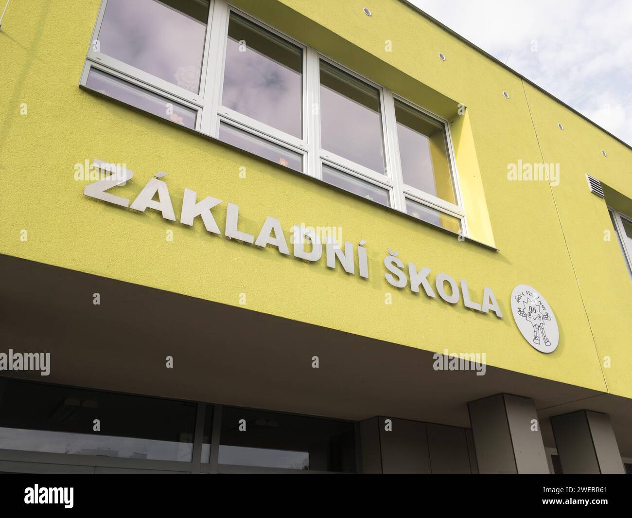 Primary school sign (Zakladni skola in Czech language) on modernized ...