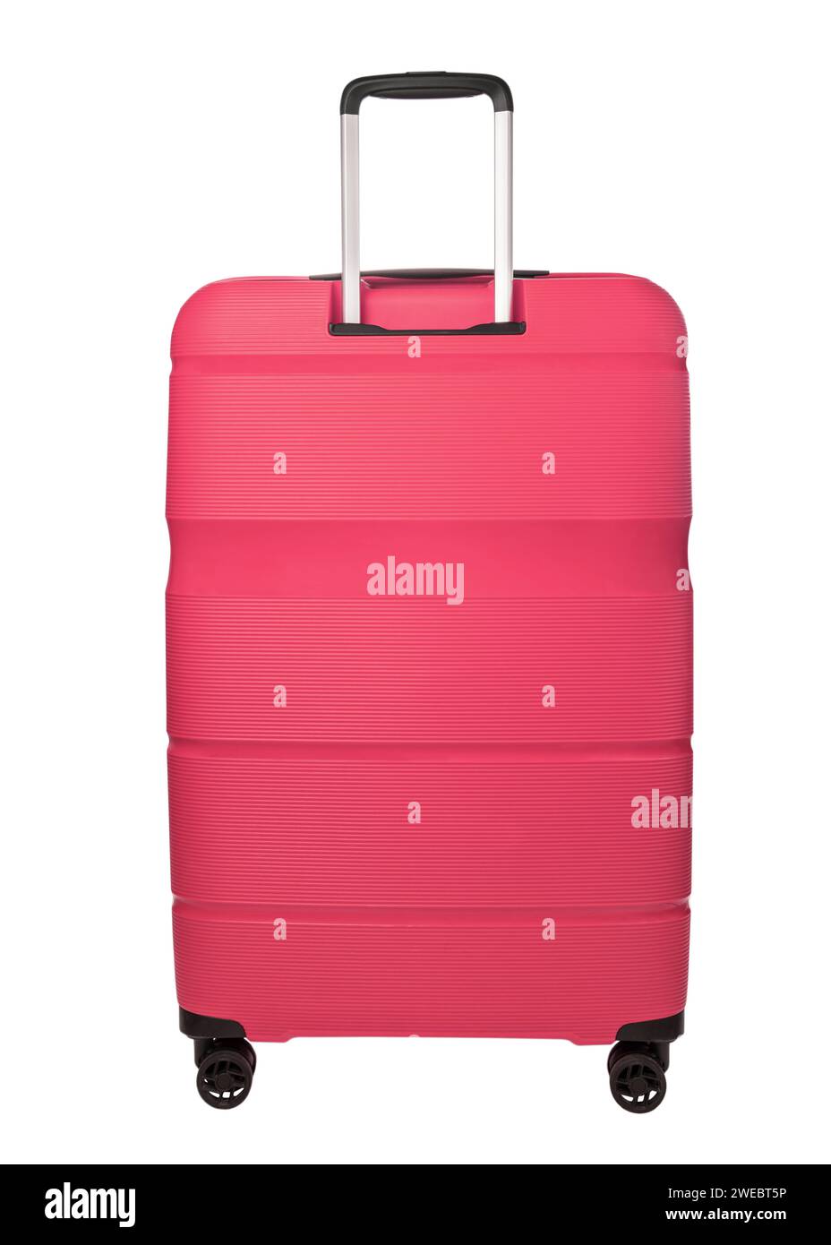 Travel pink suitcase isolated on white background. Plastic travel ...