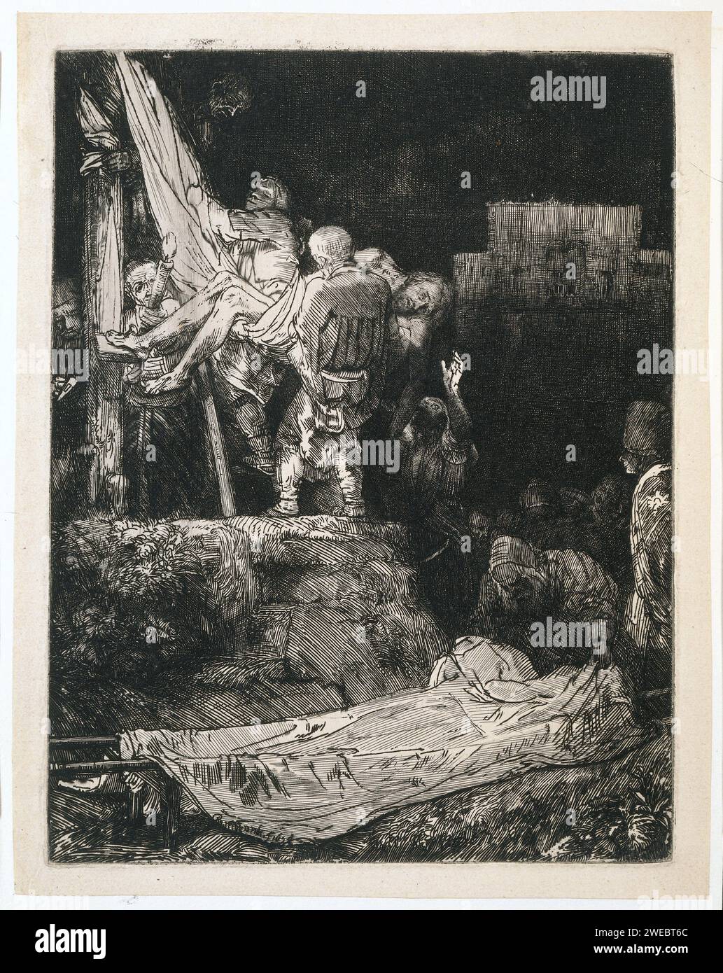 The Descent from the Cross by Torchlight, Rembrandt van Rijn, 1654 print paper etching ...