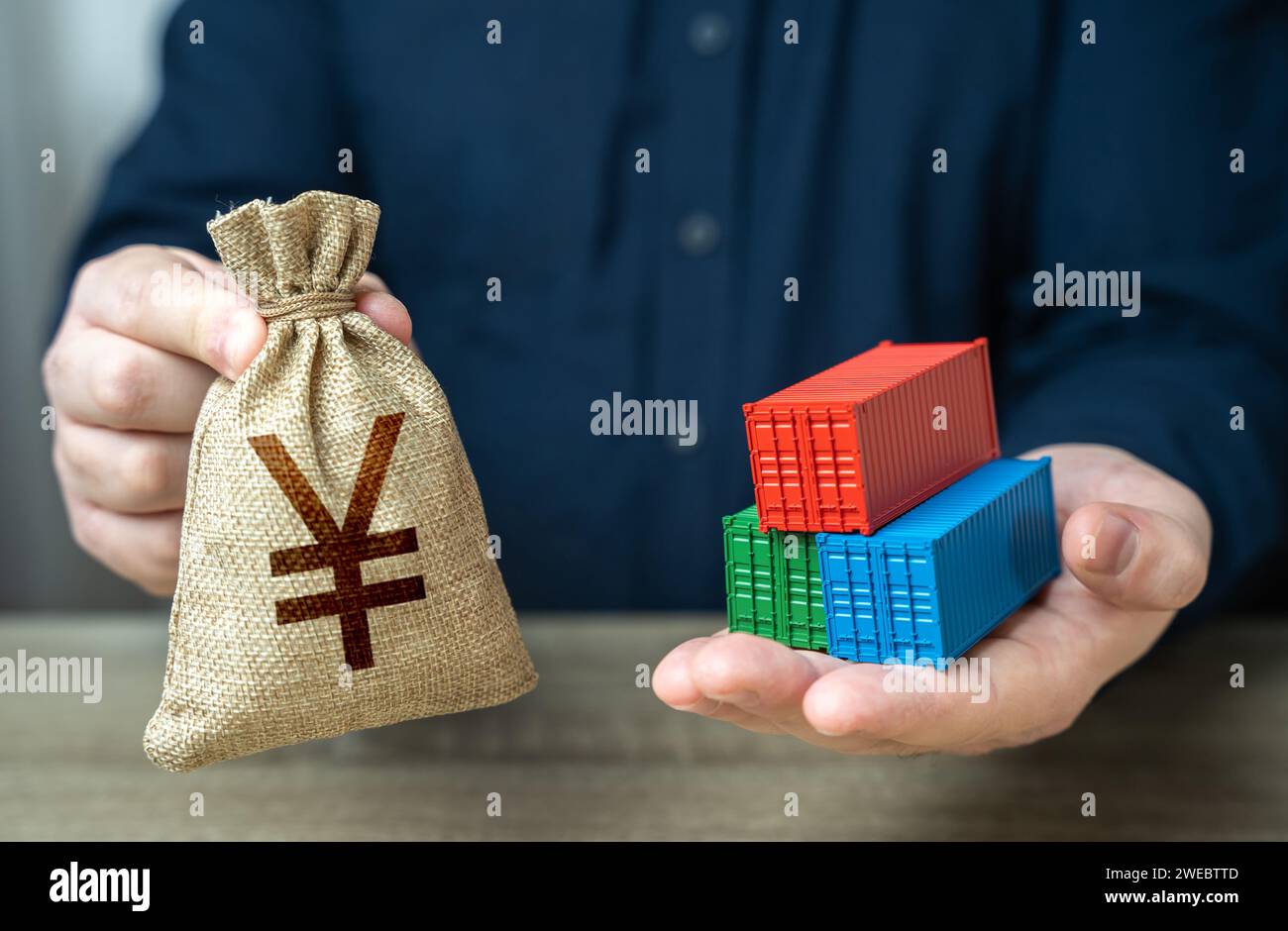 Shipping containers and chinese yuan or japanese yen money bag ...