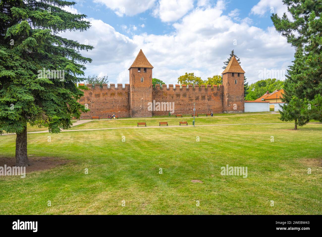 Gothic medieval fortification walls with towers in Nymburk, Czechia ...