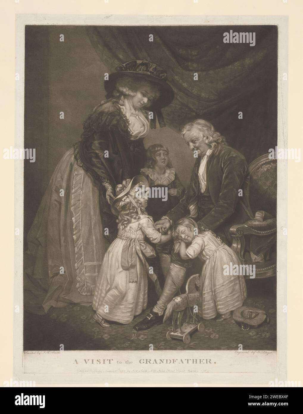 Woman with three children visiting their grandfather, Edward Dayes ...