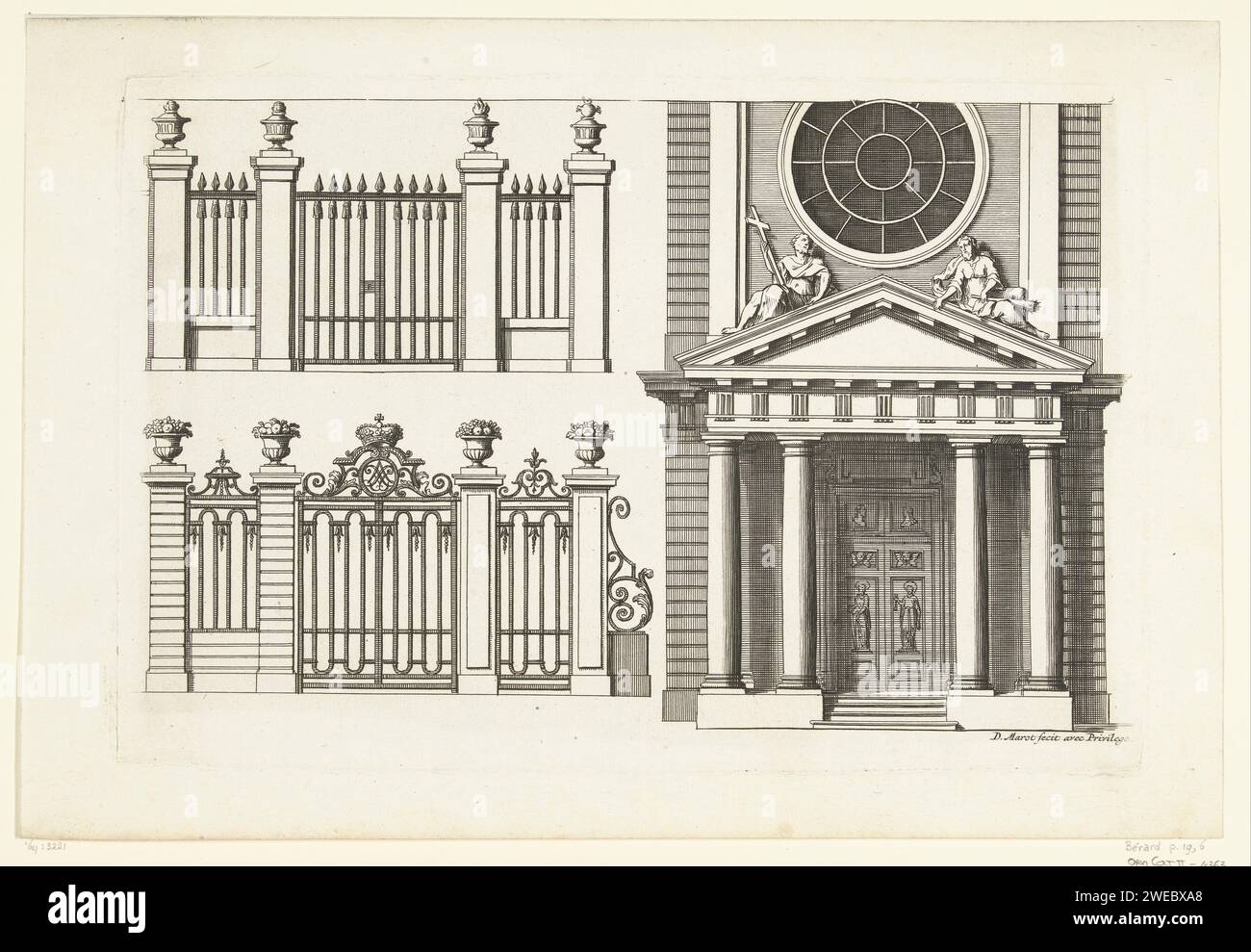 Portico van Kerk and two fences, Daniël Marot (I), 1673 - 1752 print ...