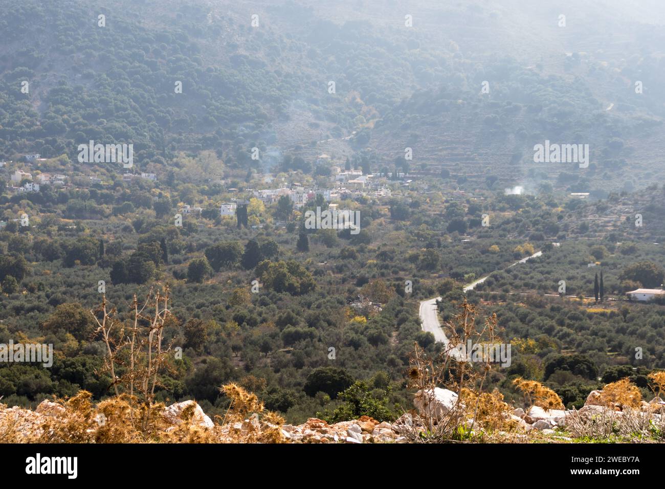 A beautiful landscape view of a valley with a village in rural Crete ...
