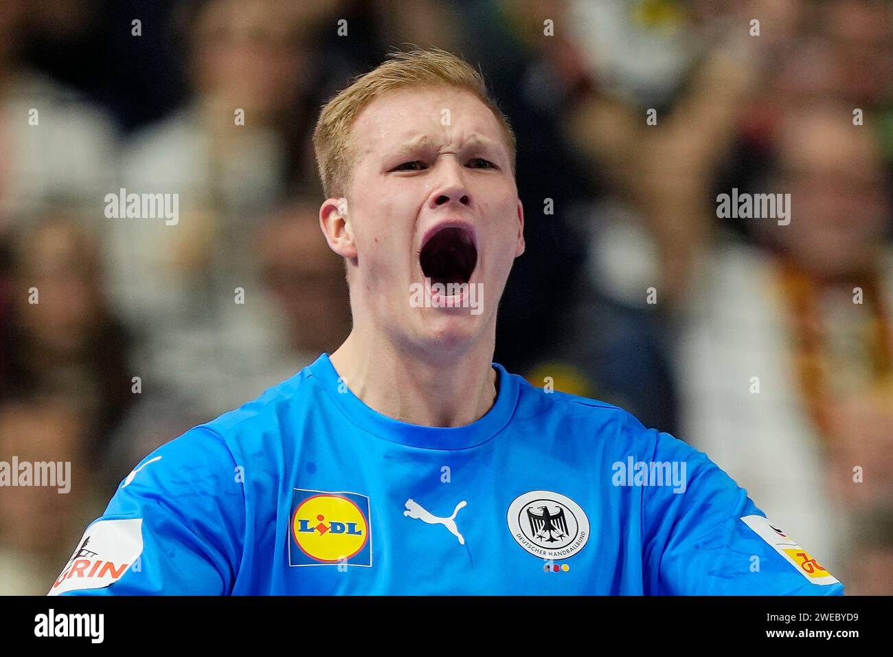 Germany's goalkeeper David Spaeth reacts during the Handball European ...