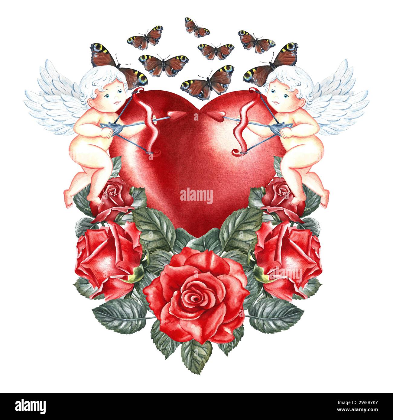 Cute little cupids with a bow on a red heart with roses and butterflies ...