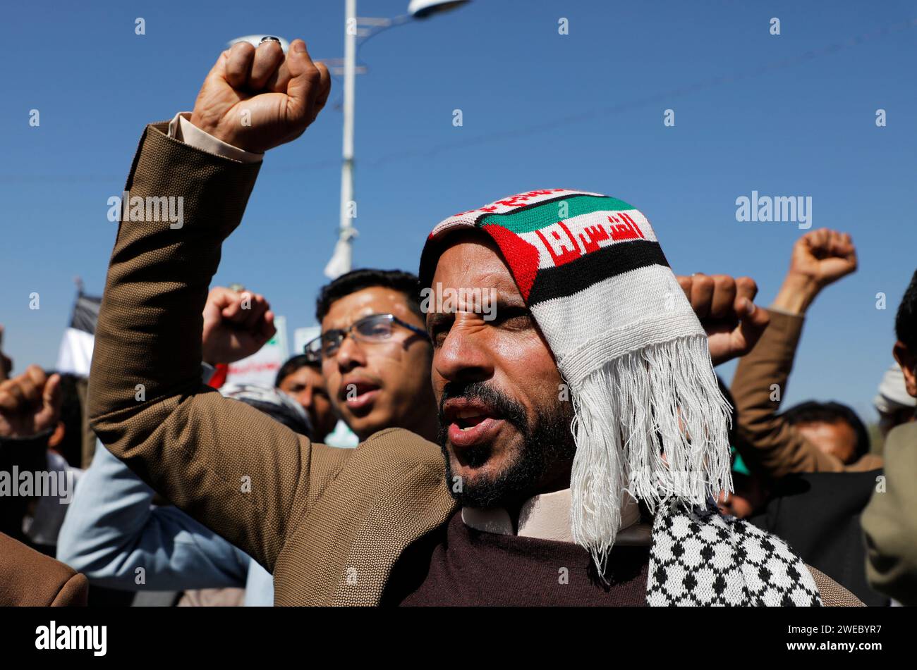 Sanaa, Sanaa, Yemen. 24th Jan, 2024. Protester chants slogans during a ...