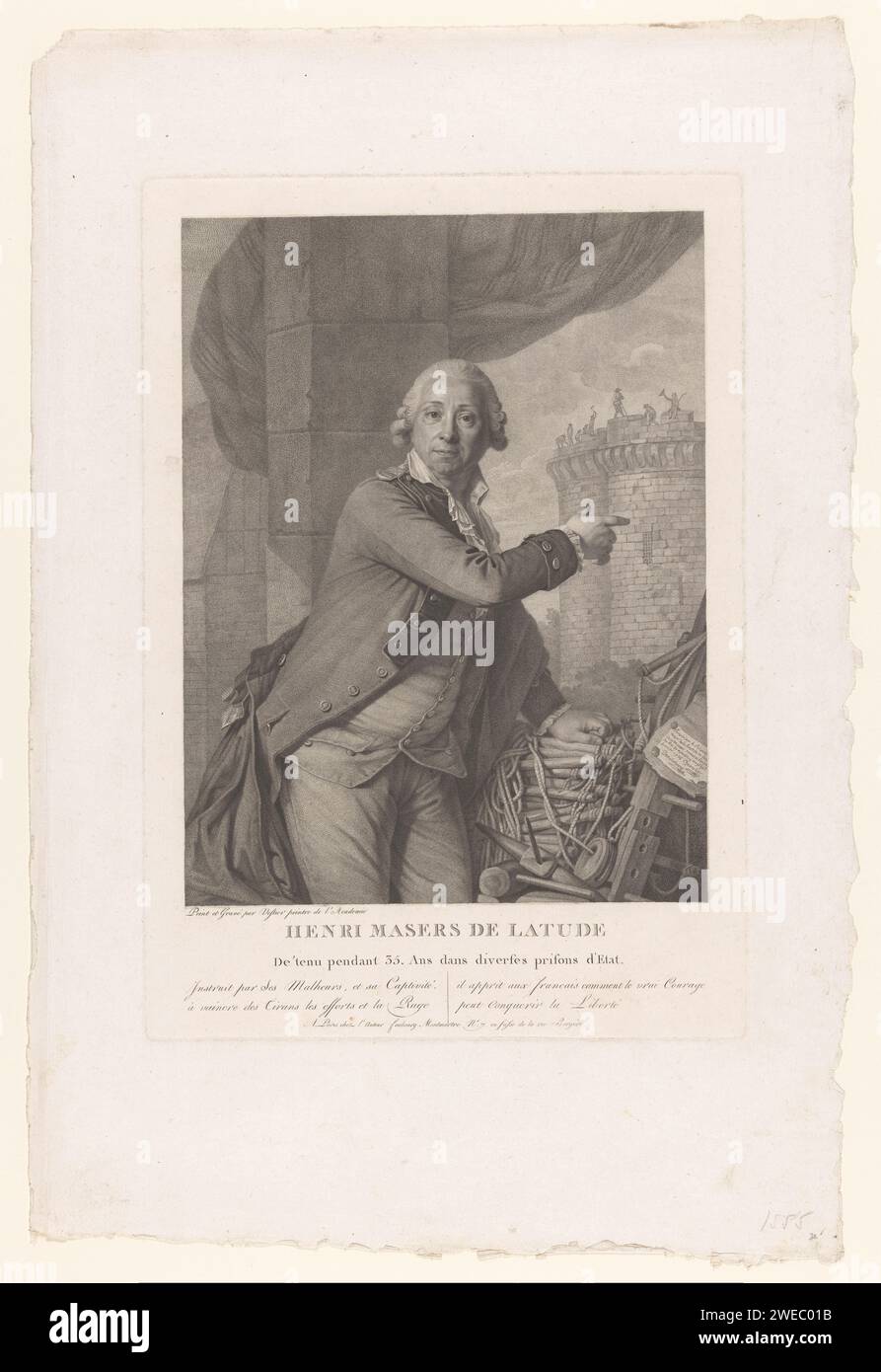 Portrait of Jean Henri Latude pointed to De Bastille in the background ...
