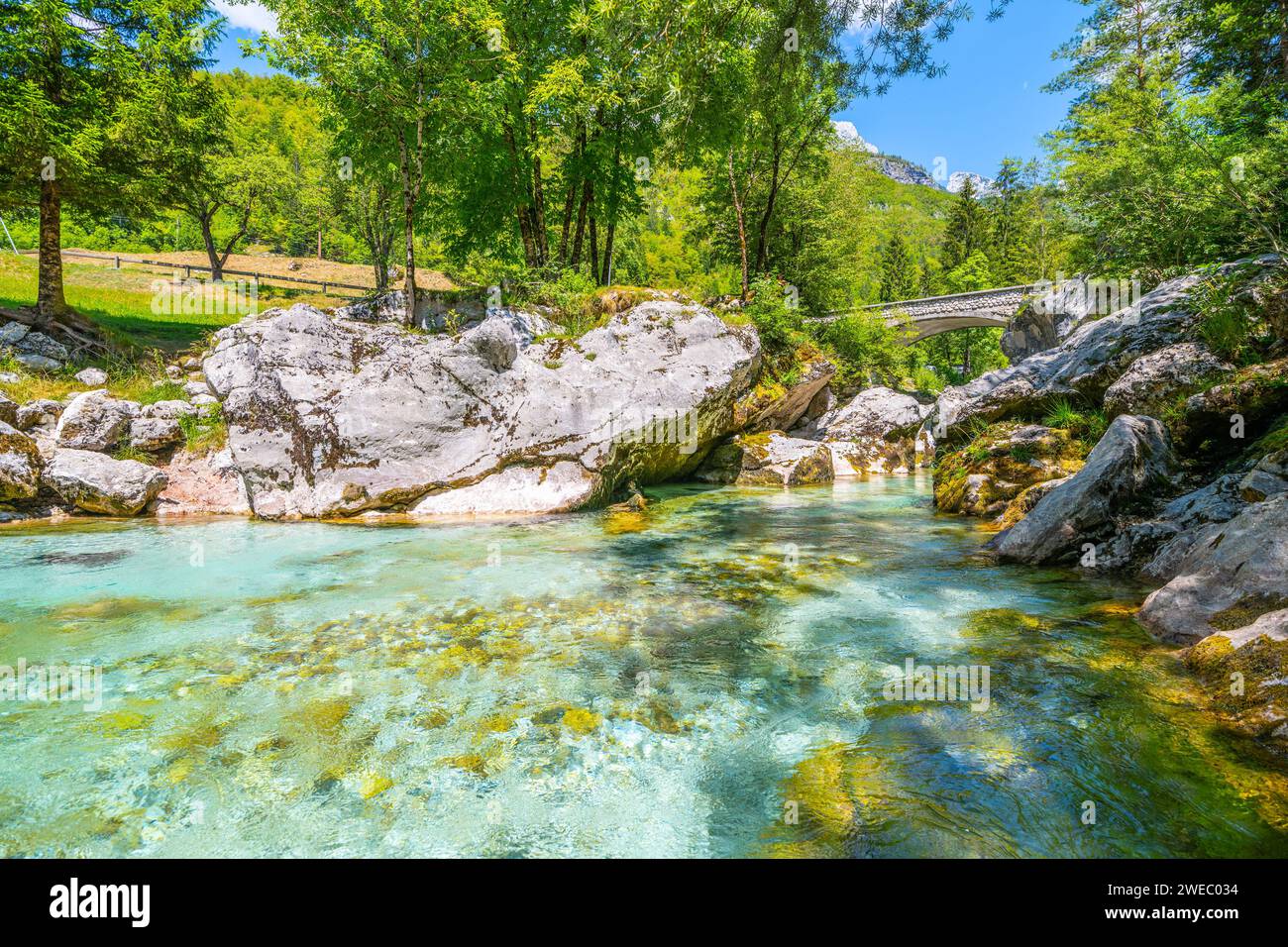 Stone Bridge and clear water of Soca River at Small Soca Gorge, Julian ...