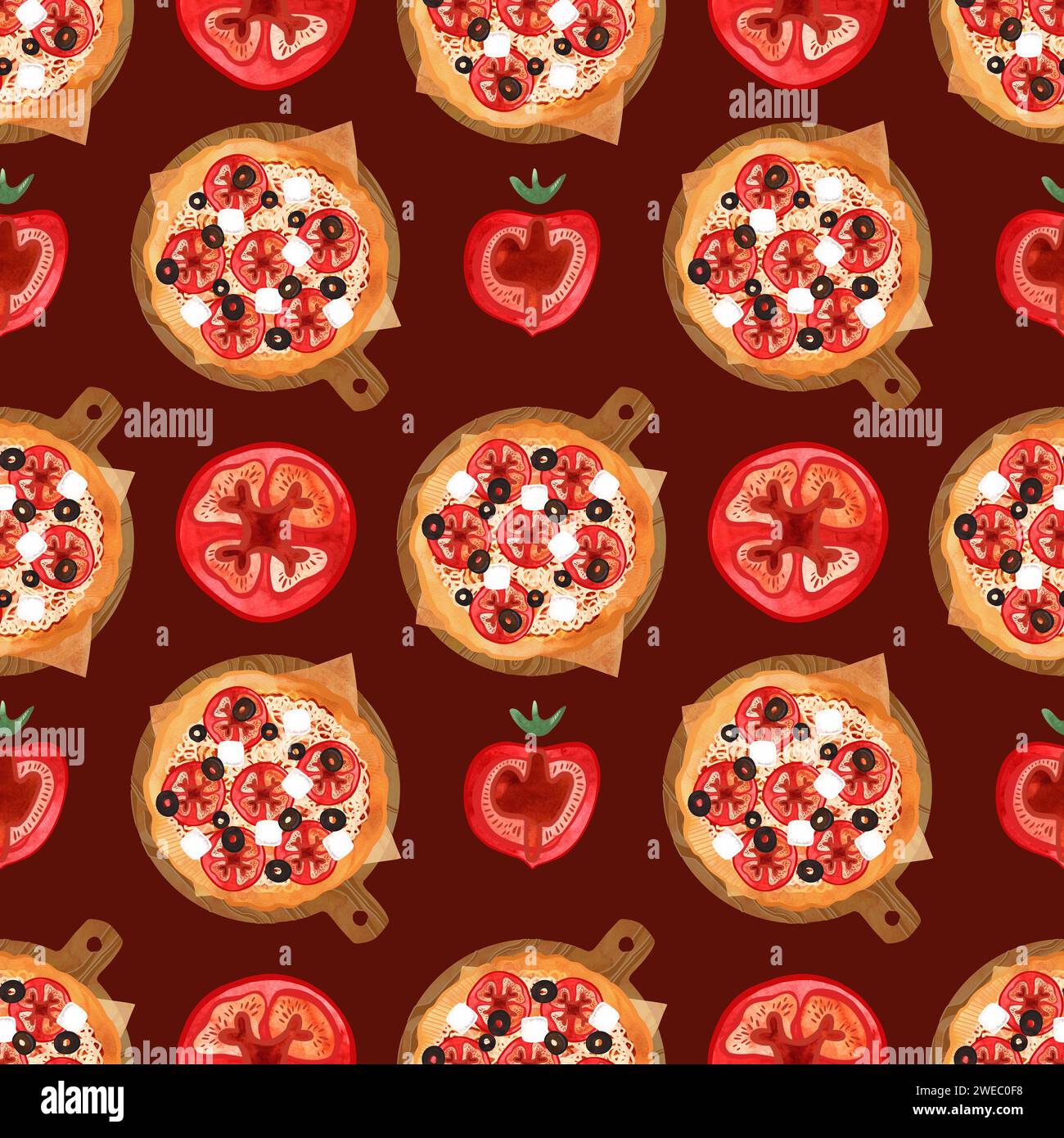 Seamless pizza pattern with tomatoes, olives and cheese. Watercolor ...