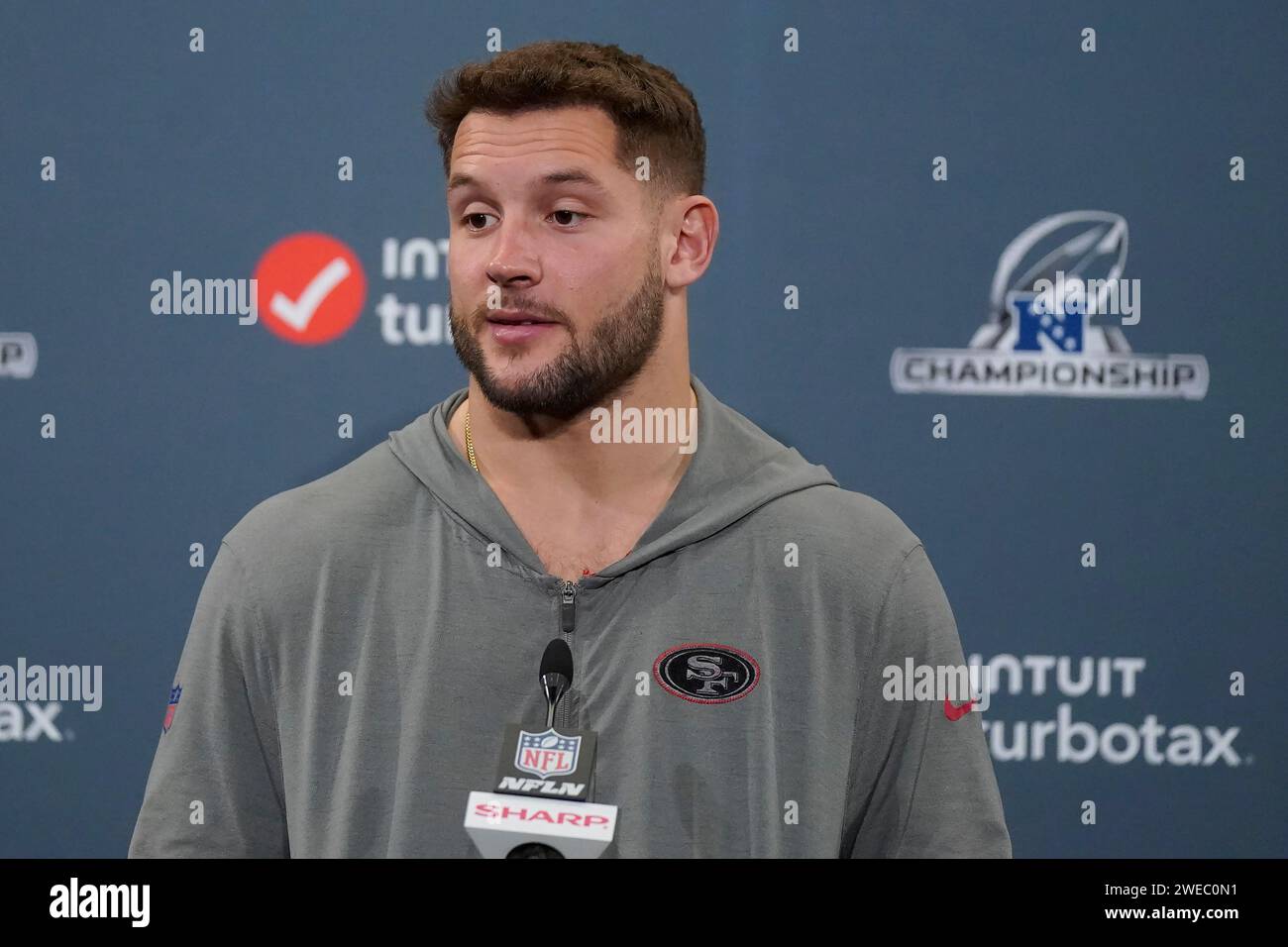 San Francisco 49ers defensive end Nick Bosa speaks at a news conference ...