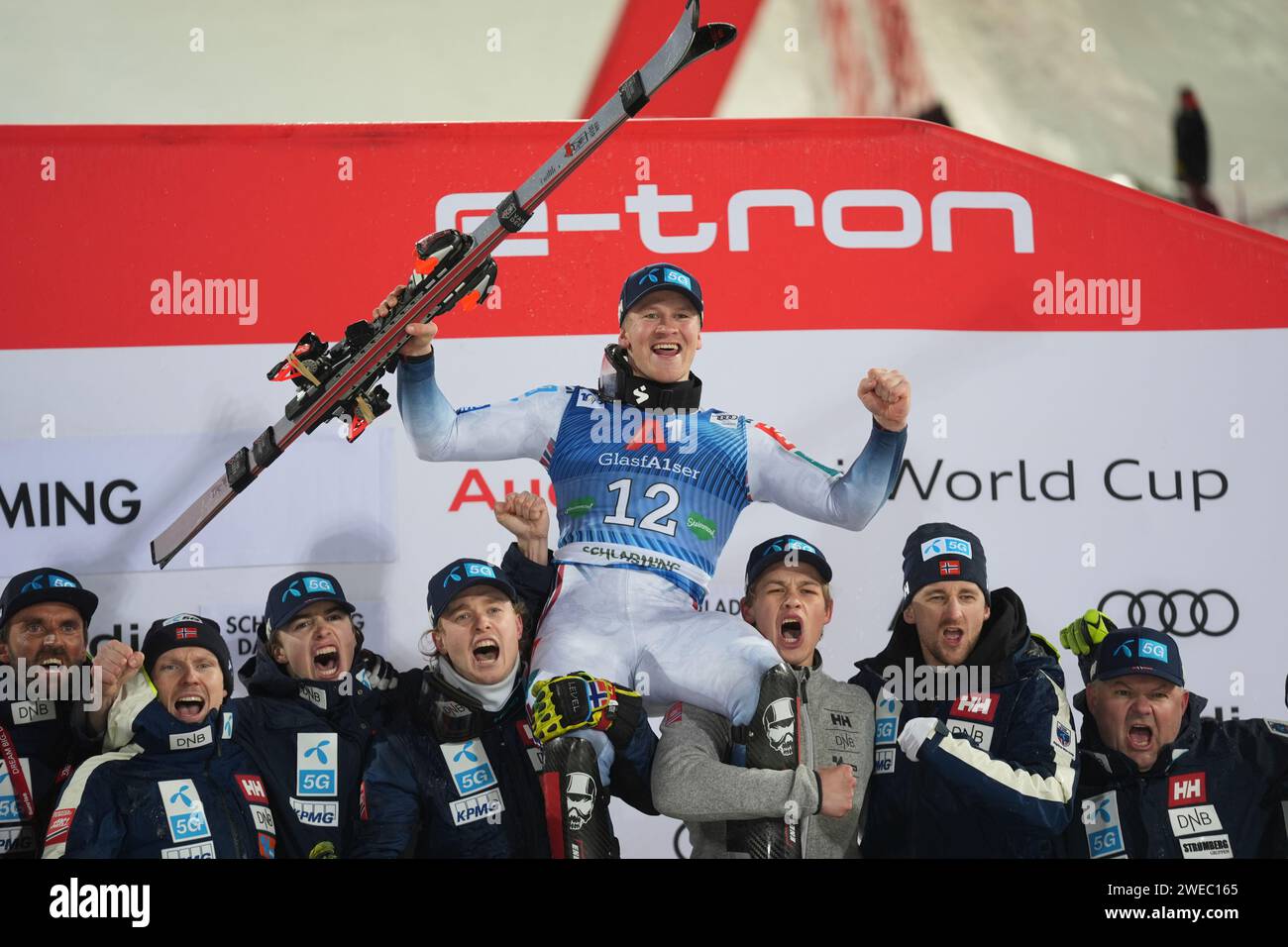 Second placed Norway's Timon Haugan, celebrates after an alpine ski ...