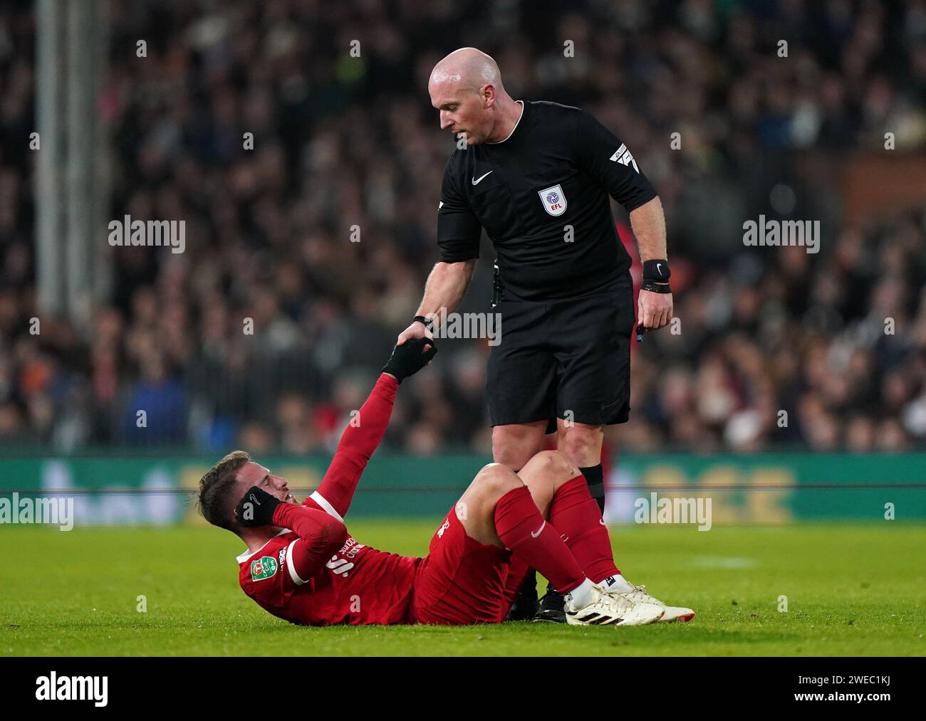 Referee Simon Hooper helps Liverpool's Alexis Mac Allister to his feet ...
