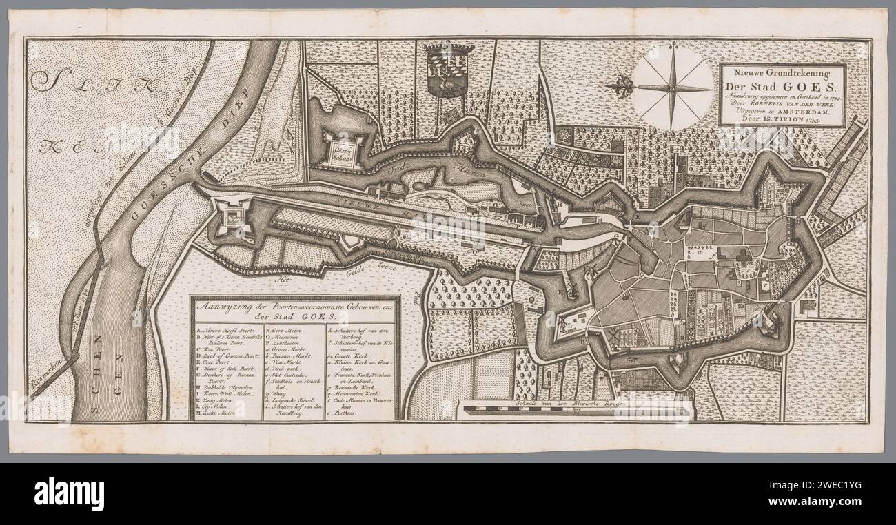 Map of the city of Goes., Anonymous, After Cornelis van der Weel, 1753 print Amsterdam paper ...
